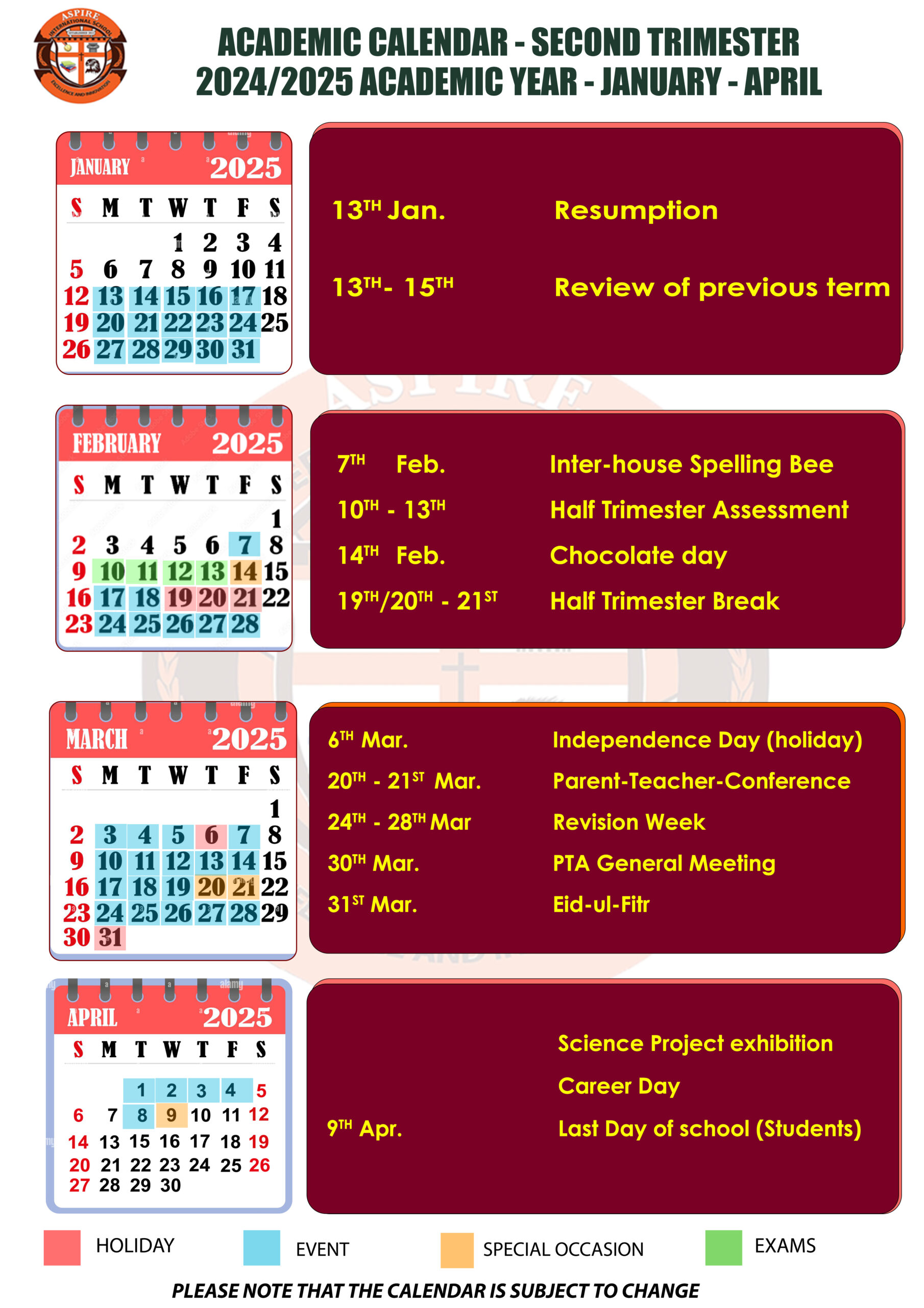 2024/ 2025 Academic Calendar for Second Trimester – Aspire ...